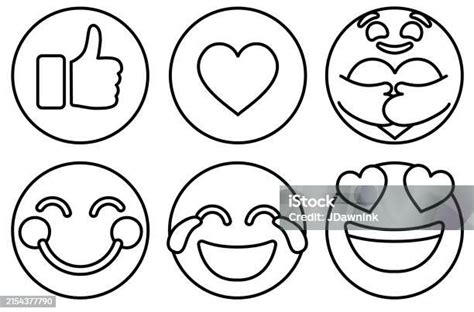 라인 아트 세트 소셜 미디어 긍정적 인 이모티콘 얼굴 엄지 척 하트 케어 미소 울음 웃음 하트 모양의 눈을 가진 웃는 얼굴 아이콘 외형선에 대한 스톡 벡터 아트 및 기타