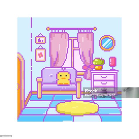 8 비트 거실 픽셀 아트 배경 오리 캐릭터 아케이드 홈 인테리어 양탄자 덩어리 창문과 문 벡터 90 년대 복고풍 일러스트 픽셀 아트에 대한 스톡 벡터 아트 및 기타 이미지