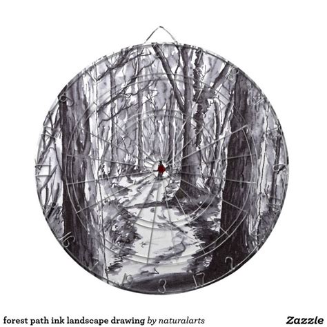 Forest Path Ink Landscape Drawing Dartboard With Darts