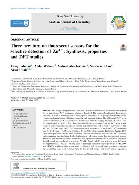 Pdf Three New Turn On Fluorescent Sensors For The Selective Detection Of Zn2 Synthesis