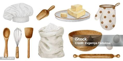 주방 용품 요소 및 베이킹 재료 밀가루 계란 버터 숟가락 그릇 밀대 거품기 국자 세트 수채화 고립 된 손으로 그린 일러스트 음식 블로거 요리법 가방에 대한 스톡 벡터 아트