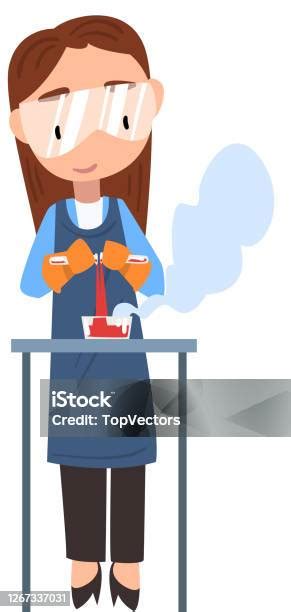 소녀 화학과학자 실험실 코트의 학생 캐릭터 실험실 만화 스타일 벡터 일러스트레이션 연구에서 일하는 앞치마 과학에 대한 스톡 벡터