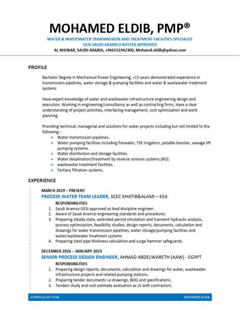 Process Team Leader Mohamed Eldib Resume Pdf Sewage Treatment Environmental Engineering