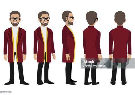 애니메이션에 대한 긴 코트에 비즈니스 남자와 만화 캐릭터 전면 측면 후면 34 뷰 애니메이션 캐릭터 플랫 벡터 그림입니다 감정에 대한 스톡 벡터 아트 및 기타 이미지