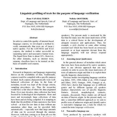 Linguistic Profiling Of Texts For The Purpose Of Language Verification