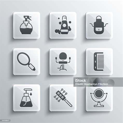 헤어 브러시 라운드 메이크업 거울 이발소 의자 크림 화장품 튜브 손 미용사 권총 스프레이 병과 앞치마 아이콘을 설정합니다 벡터