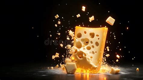 vibrant cheese block exploding with glowing particles showcasing
