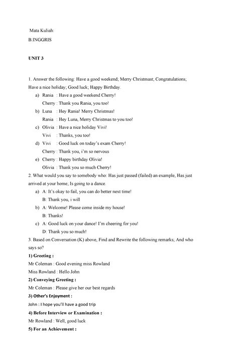 Unit 3 And Unit 8 Assignment For English Class Mata Kuliah B Unit 3 Answer The Following