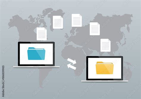 File Transfer Two Laptops With Folders On Screen And Transferred Documents Copy Files Data