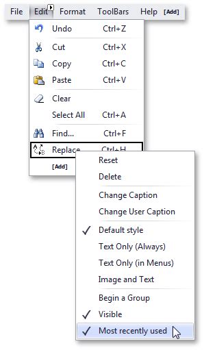 recently used items winforms controls devexpress documentation