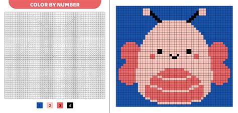 핑크 나비 스퀴시멜로 숫자로 색칠하기 픽셀 색칠하기 책 번호가 매겨진 사각형 어린이용 게임 모자이크 처리에 대한 스톡 벡터 아트