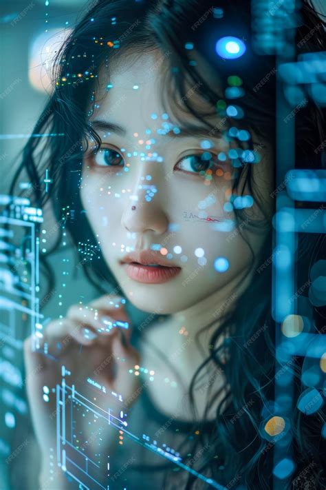 Futuristic Portrait Of A Young Woman With Holographic Light Effects And