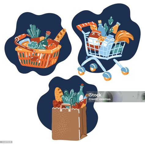 식료품 가방 세트의 벡터 만화 일러스트레이션 플라스틱 및 종이 패키지 식품 팩 캔 빵 우유가있는 슈퍼마켓 바구니 가득 찬에 대한 스톡 벡터 아트 및 기타 이미지 Istock