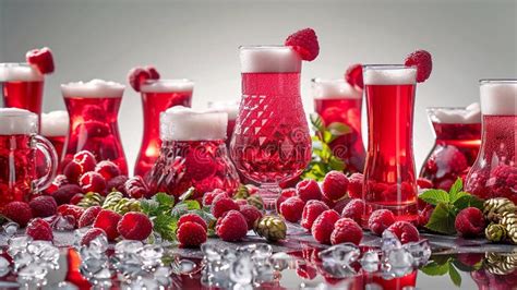 Raspberry Beer Glasses And Fresh Raspberries And Hops On A Reflective Mirror Surface Ai