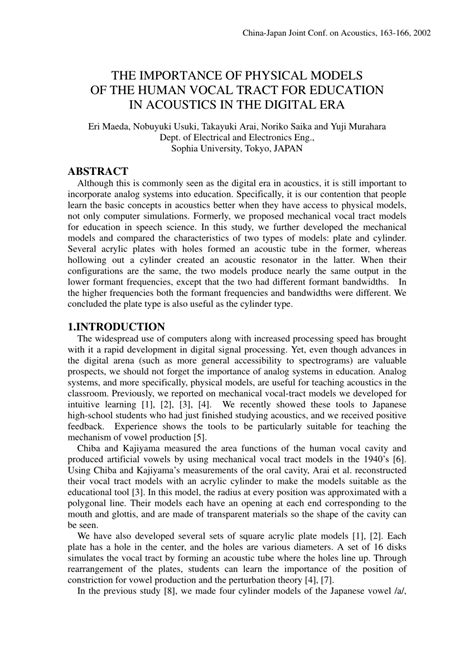 Pdf The Importance Of Physical Models Of The Human Vocal Tract For Education In Acoustics In