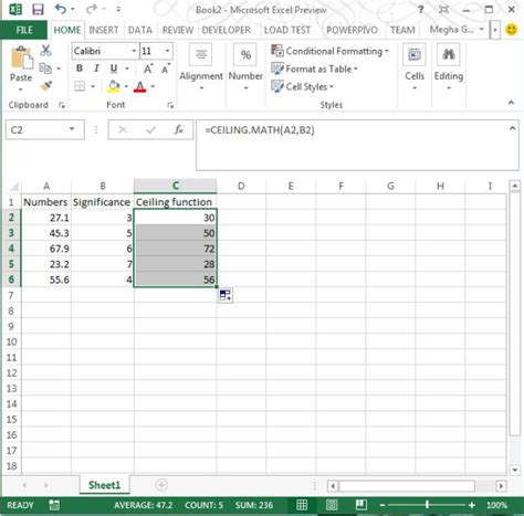 ceiling math function in excel 2013