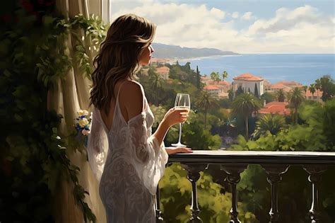 Girl Savoring Wine Balcony Premium Ai Generated Image