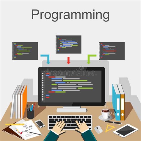 Programming Illustration Programmer Working Place Illustration Concept Flat Design