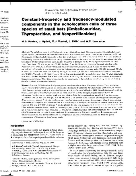 Pdf Constant Frequency And Frequency Modulated Components In The Echolocation Calls Of Three