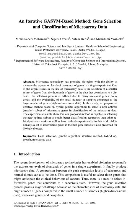 Pdf An Iterative Gasvm Based Method Gene Selection And