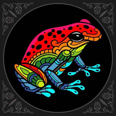 검은 배경에 고립 된 다채로운 개구리 Zentangle 예술 프리미엄 벡터