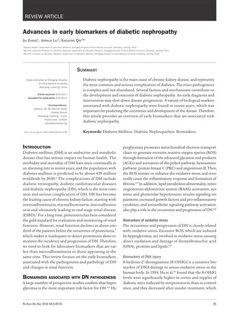Pdf Advances In Early Biomarkers Of Diabetic Nephropathy