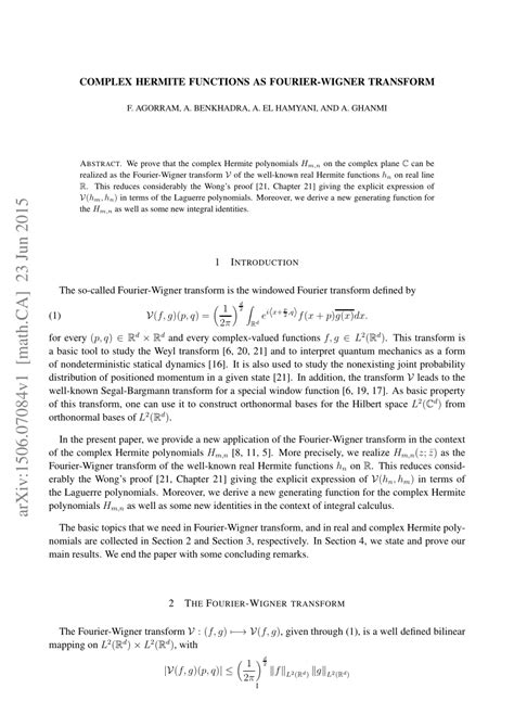 Pdf Complex Hermite Functions As Fourier Wigner Transform