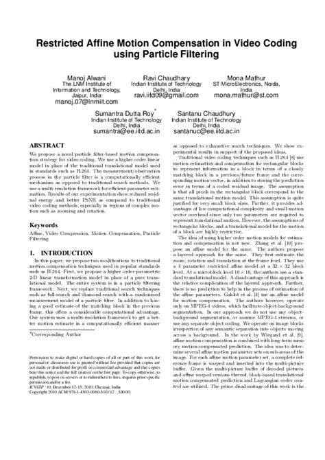 Pdf Restricted Affine Motion Compensation In Video Coding Using Particle Filtering