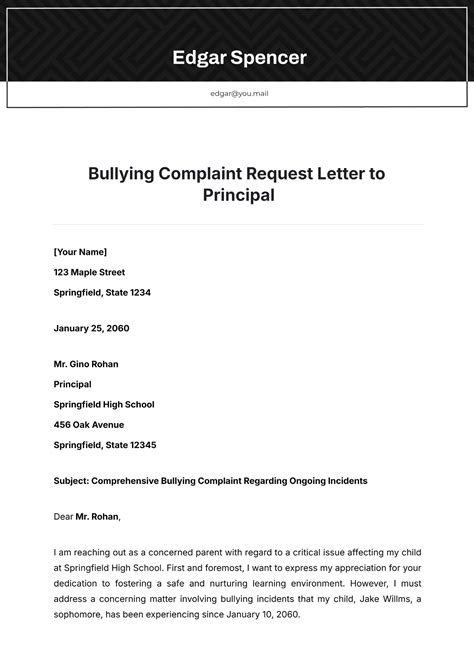 Free Bullying Complaint Request Letter To Principal Template To Edit Online