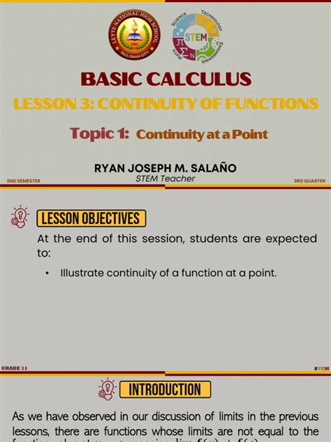 Basic Calculus Q3 Limits And Continuity Lesson3 Topic1 Continuity At A
