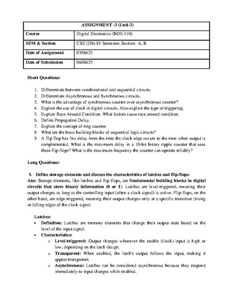Solution Assignment 3 Digital Electronics Boe 410 Short And Long