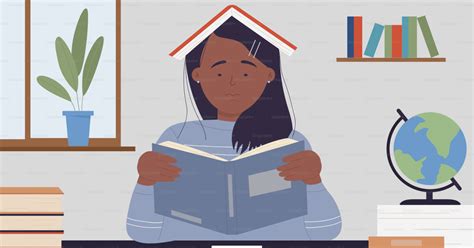 지루한 젊은 여학생과 책 열심히 교육하는 벡터 일러스트레이션 만화 슬픈 졸린 불행한 십대 캐릭터 공부 학교 교실 도서관 또는 집에서 열린 교과서와 함께 앉아 벡터