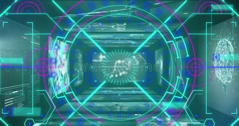 Image Of Neon Round Scanner And Interface Against Screens With Medical Data Processing Stock