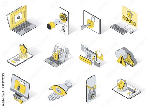 Cyber Security Concept 3d Isometric Icons Set Pack Elements Of Password Fingerprint Scanner