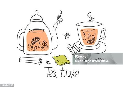 따뜻한 건강 차 음료 세트 머그컵과 찻주전자 그림 낙서 컵에 담긴 차 찻주전자 향신료 레몬 겨울 티 타임 아이콘의 벡터