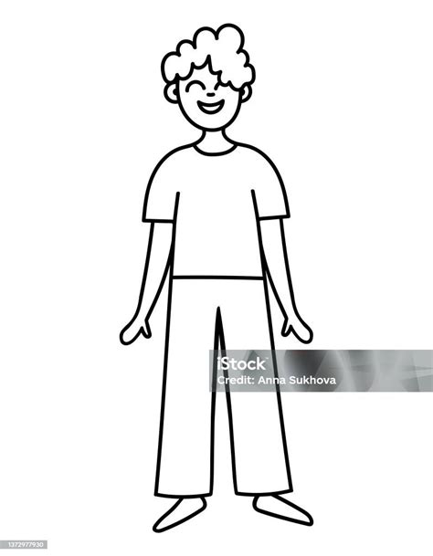 낙서 스타일의 남자의 그리기 미소 짓는 소년의 윤곽선형 일러스트 손으로 그린 곱슬 머리 남자 서 간단한 클립 아트 서 있기에 대한 스톡 벡터 아트 및 기타 이미지 Istock