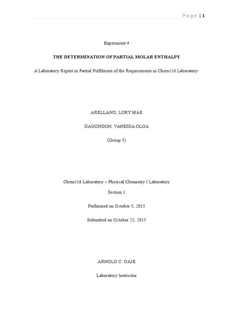 Experiment 4 The Determination Of Partial Molar Enthalpy Pdf