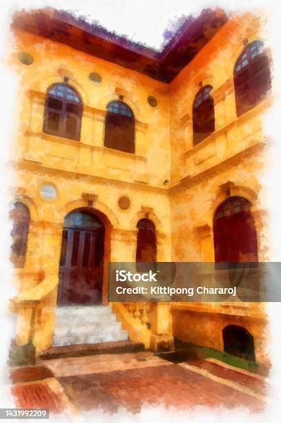 고대 노란색 건물 식민지 건축 아름다운 장식용 치장 벽토 구성 요소 문 및 창문 수채화 스타일 일러스트 인상파 그림이 있습니다 0명에 대한 스톡 벡터 아트 및 기타 이미지