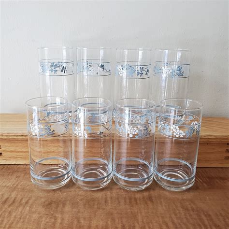 Vintage Corelle First Of Spring Glasses Set Of 8 Clear Glass With Blue