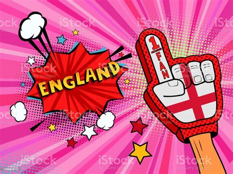 스포츠 영국 국가 깃발의 승리를 축 하 하 제기 장갑 남성 손 팬 별과 구름과 영국 연설 거품이 있다입니다 벡터 화려한 팬 일러스트 레이 션 경쟁에 대한 스톡 벡터 아트 및