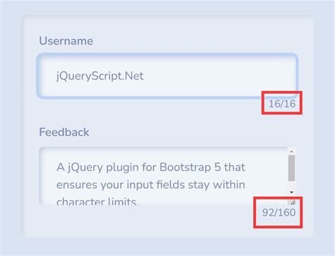 Show Char Counters On Form Controls With The Bootstrap5 Maxlength Plugin Free Jquery Plugins
