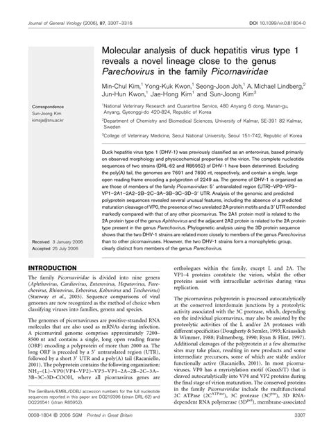 Pdf Molecular Analysis Of Duck Hepatitis Virus Type 1 Reveals A Novel