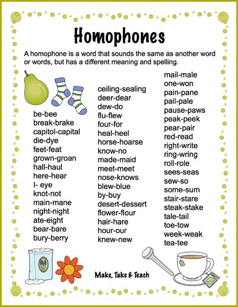 Homophones Activity Make Take And Teach