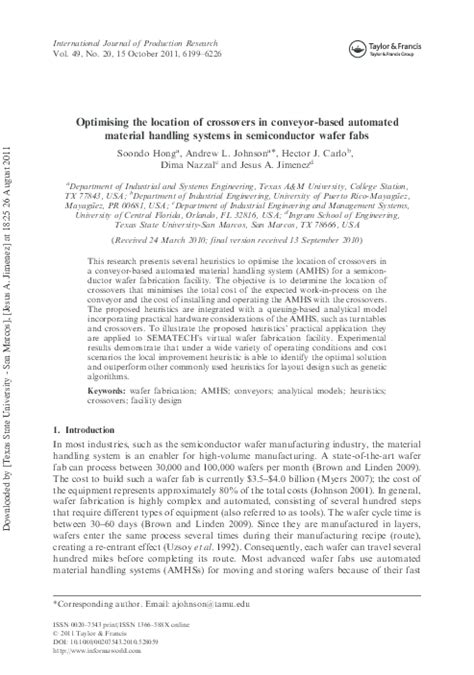 Pdf Optimising The Location Of Crossovers In Conveyor Based Automated
