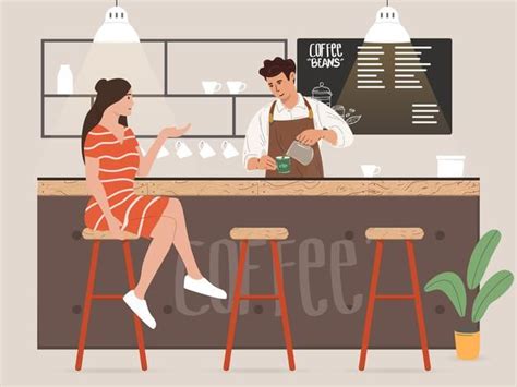 커피를 만들고 고객과 이야기하는 젊은 남성 바리스타 프리미엄 벡터 How To Make Coffee Coffee Vector Barista