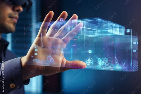 Users Hands Interacting Futuristic Technological Holographic Blue Augmented Reality User