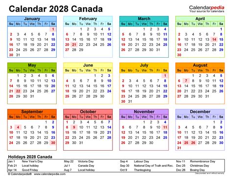 Canada Calendar 2028 Free Printable Word Templates