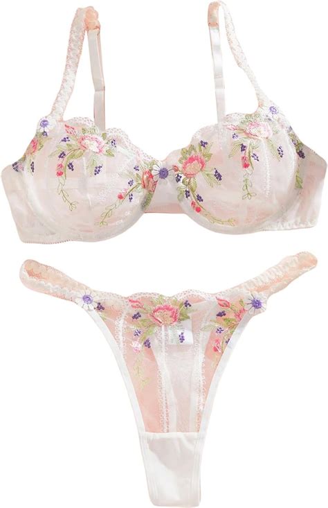 Shenhe Womens Floral Embroidered Mesh Bra And Thong Panty