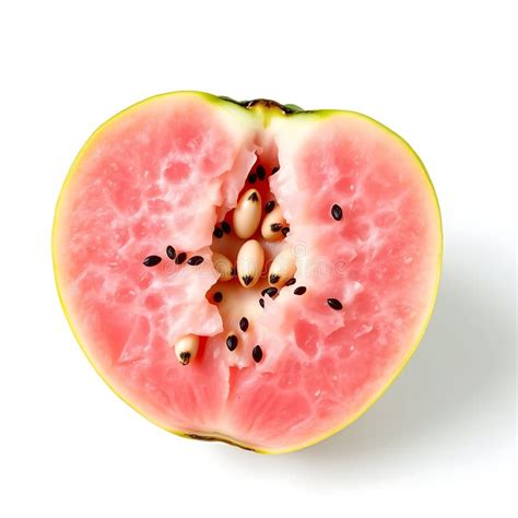 A Single Guava Fruit Cut Open To Reveal Its Pink Flesh And Seeds Stock