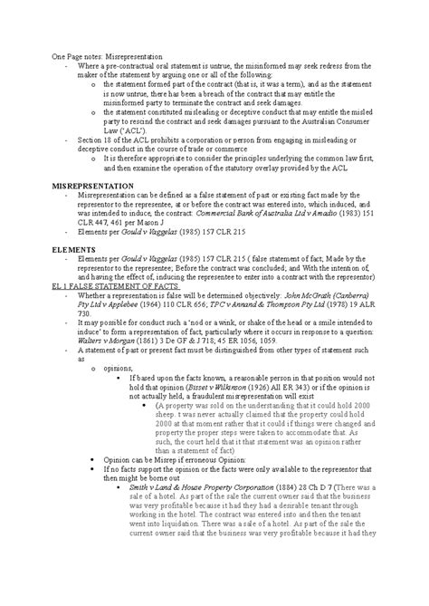 Misrepresentation Summary Contract Law One Page Notes Misrepresentation Where A Studocu